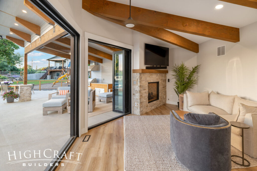 Contemporary-Pool-House-with-Indoor-Outdoor-Living-Ledgestone-Fireplace ...